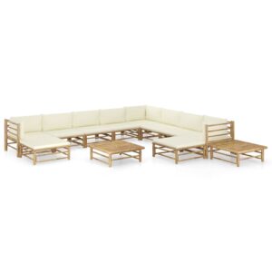 vidaxl 12-piece bamboo patio lounge set with cream-white cushions - outdoor scotch dhollander style front deck seating arrangement - durable and stylish outdoor furniture