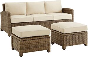 crosley furniture bradenton 3-piece outdoor sofa patio furniture set, wicker conversation sets for porch, brown with sand cushions