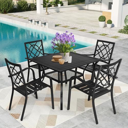 SUNCROWN 5-Piece Outdoor Wrought Iron Chairs and Table Patio Dining Furniture Set - 4 Stackable Metal Chairs, 1 Steel Slat Bistro Table for Garden Backyard Deck