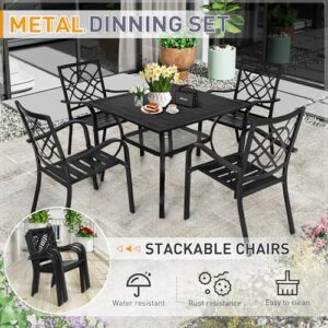 SUNCROWN 5-Piece Outdoor Wrought Iron Chairs and Table Patio Dining Furniture Set - 4 Stackable Metal Chairs, 1 Steel Slat Bistro Table for Garden Backyard Deck