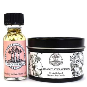 art of the root, ltd. deadly attraction mini spell set with a 4 oz soy candle with a carnelian crystal and a 12 oil for passion, seduction, romance & love wiccan, pagan, hoodoo, conjure, magick