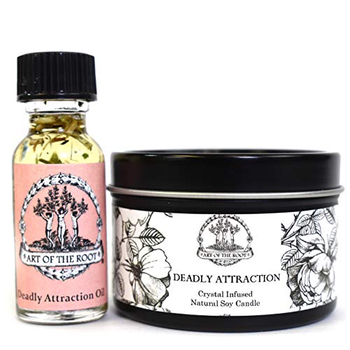 Art of the Root, Ltd. Deadly Attraction Mini Spell Set with a 4 oz Soy Candle with a Carnelian Crystal and a 12 Oil for Passion, Seduction, Romance & Love Wiccan, Pagan, Hoodoo, Conjure, Magick