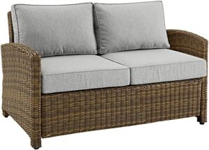 crosley furniture bradenton wicker outdoor loveseat, 2-person patio couch for porch, deck, backyard, brown with gray cushions