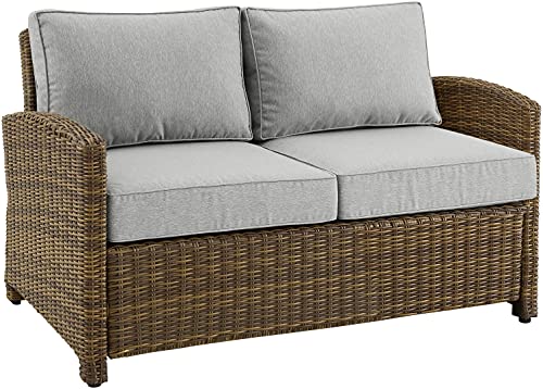 Crosley Furniture Bradenton Wicker Outdoor Loveseat, 2-Person Patio Couch for Porch, Deck, Backyard, Brown with Gray Cushions