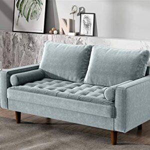 Container Furniture Direct Womble 58 Inch Velvet Loveseat Sofa with Elegant Button Tufted Upholstery, Square Arms, Splayed Wood Legs, Includes Matching Bolster Pillows, Steel Blue