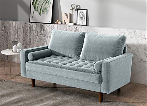 Container Furniture Direct Womble 58 Inch Velvet Loveseat Sofa with Elegant Button Tufted Upholstery, Square Arms, Splayed Wood Legs, Includes Matching Bolster Pillows, Steel Blue