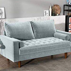 Container Furniture Direct Womble 58 Inch Velvet Loveseat Sofa with Elegant Button Tufted Upholstery, Square Arms, Splayed Wood Legs, Includes Matching Bolster Pillows, Steel Blue