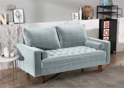 Container Furniture Direct Womble 58 Inch Velvet Loveseat Sofa with Elegant Button Tufted Upholstery, Square Arms, Splayed Wood Legs, Includes Matching Bolster Pillows, Steel Blue