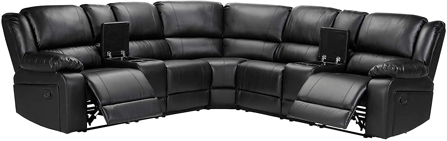 themagichome Sectional Sofa Symmetrical Reclining Sectional Sofa PU Modern Sectional Sofa Couch Power Motion Sofa Living Room Sofa Corner Sectional Sofa with Cup Holder-Black Leather,W223S00028