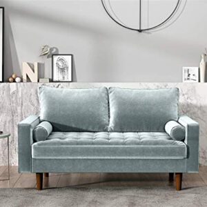 Container Furniture Direct Womble 58 Inch Velvet Loveseat Sofa with Elegant Button Tufted Upholstery, Square Arms, Splayed Wood Legs, Includes Matching Bolster Pillows, Steel Blue