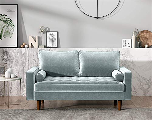 Container Furniture Direct Womble 58 Inch Velvet Loveseat Sofa with Elegant Button Tufted Upholstery, Square Arms, Splayed Wood Legs, Includes Matching Bolster Pillows, Steel Blue