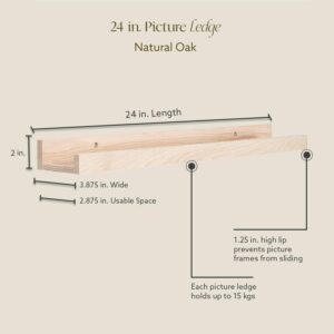 (24 in | 61 cm) Natural Oak Wood Wall Mounted Floating Picture Ledge Shelf | Ideal for Bedroom, Kitchen, Bathroom, Office, Easy Installation, Mounting Hardware Included