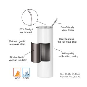 PYD Life Sublimation Blanks Tumbler Skinny 30 OZ Straight Stainless Steel Coffee Tumbler with Lid and Metal Straw for Tumbler Press Machine Heat Transfer (4, 30 OZ)