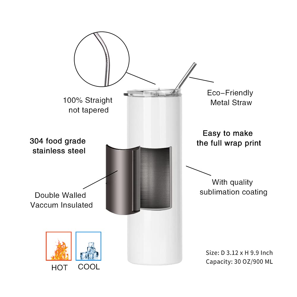 PYD Life Sublimation Blanks Tumbler Skinny 30 OZ Straight Stainless Steel Coffee Tumbler with Lid and Metal Straw for Tumbler Press Machine Heat Transfer (4, 30 OZ)