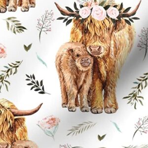 Spoonflower Fabric - Pink Spring Highland Cow Floral Calf Scottish Printed on Petal Signature Cotton Fabric Fat Quarter - Sewing Quilting Apparel Crafts Decor