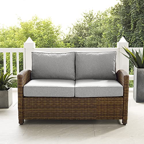 Crosley Furniture Bradenton Wicker Outdoor Loveseat, 2-Person Patio Couch for Porch, Deck, Backyard, Brown with Gray Cushions