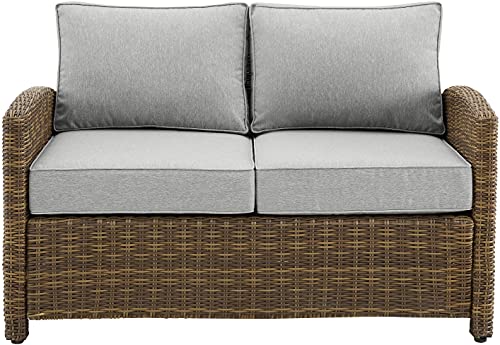 Crosley Furniture Bradenton Wicker Outdoor Loveseat, 2-Person Patio Couch for Porch, Deck, Backyard, Brown with Gray Cushions