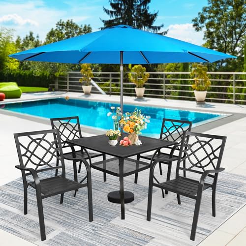 SUNCROWN 5-Piece Outdoor Wrought Iron Chairs and Table Patio Dining Furniture Set - 4 Stackable Metal Chairs, 1 Steel Slat Bistro Table for Garden Backyard Deck