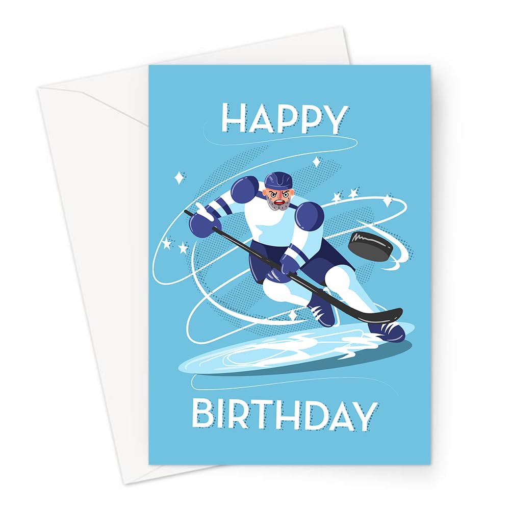 LEMON LOCO Happy Birthday Ice Hockey Greeting Card | Hockey Player On Ice Chasing Puck Happy Birthday Card, Hobby Birthday Card For Ice Hockey Player