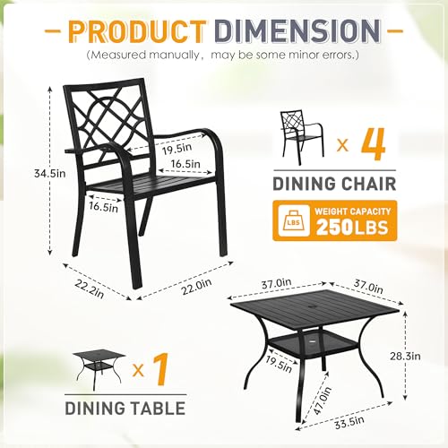 SUNCROWN 5-Piece Outdoor Wrought Iron Chairs and Table Patio Dining Furniture Set - 4 Stackable Metal Chairs, 1 Steel Slat Bistro Table for Garden Backyard Deck