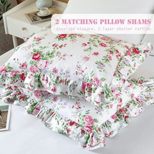 ZJZC Art Ruffle Duvet Cover Set Queen, 100% Cotton Pink Rose Floral Duvet Cover Cottage French Countryside Vintage Shabby and Chic 3 Pieces with Pillow Shams (Rose, Queen)