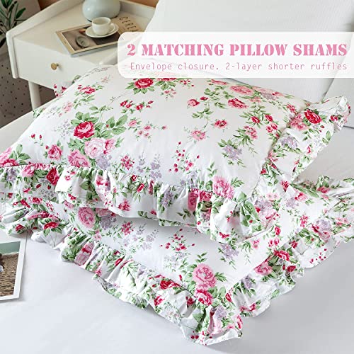 ZJZC Art Ruffle Duvet Cover Set Queen, 100% Cotton Pink Rose Floral Duvet Cover Cottage French Countryside Vintage Shabby and Chic 3 Pieces with Pillow Shams (Rose, Queen)