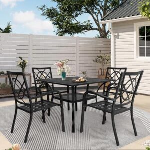 SUNCROWN 5-Piece Outdoor Wrought Iron Chairs and Table Patio Dining Furniture Set - 4 Stackable Metal Chairs, 1 Steel Slat Bistro Table for Garden Backyard Deck