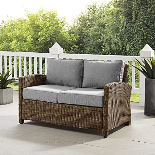 Crosley Furniture Bradenton Wicker Outdoor Loveseat, 2-Person Patio Couch for Porch, Deck, Backyard, Brown with Gray Cushions