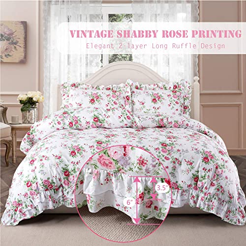 ZJZC Art Ruffle Duvet Cover Set Queen, 100% Cotton Pink Rose Floral Duvet Cover Cottage French Countryside Vintage Shabby and Chic 3 Pieces with Pillow Shams (Rose, Queen)