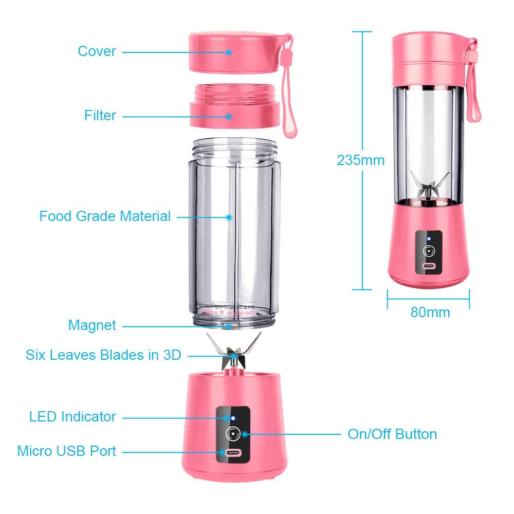 Portable Blender, YKSINX Smoothie Juicer Cup, Personal Mini Blender Shakes and Smoothies 13oz 2000mAh Rechargeable Home Travel Handheld Fruit Juicer (Pink)