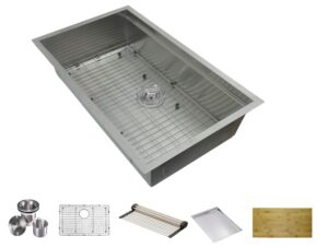 kabco zr-ledge 32 inch station single bowl 16 gauge stainless steel kitchen sink work station undermount package 32 inch wide 10 inch deep 304ss k-ss0rle32-pkg