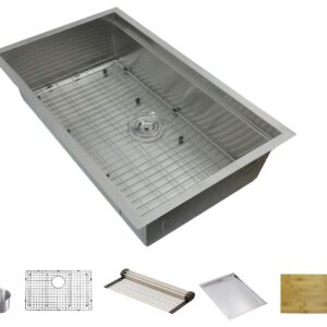 KABCO ZR-LEDGE 32 Inch Station Single Bowl 16 Gauge Stainless Steel Kitchen Sink Work Station Undermount Package 32 inch Wide 10 inch deep 304SS K-SS0RLE32-PKG