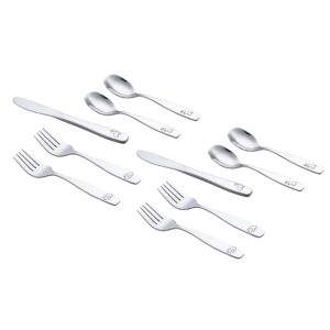 ANNOVA Kids Silverware 10 Pieces Children's Safe Flatware Set Stainless Steel - 4 x Forks, 4 x Dinner Spoons, 2 x Safe Knife Toddler Utensils, Metal Cutlery for Lunchbox (Engraved Dinosaurs)