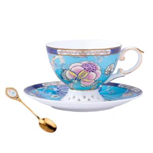 acmlife bone china tea cups, tea cup and saucer set for 1 blue and white china tea cup 6.7oz floral vintage china coffee set for women party gift giving with gold trim and gift box