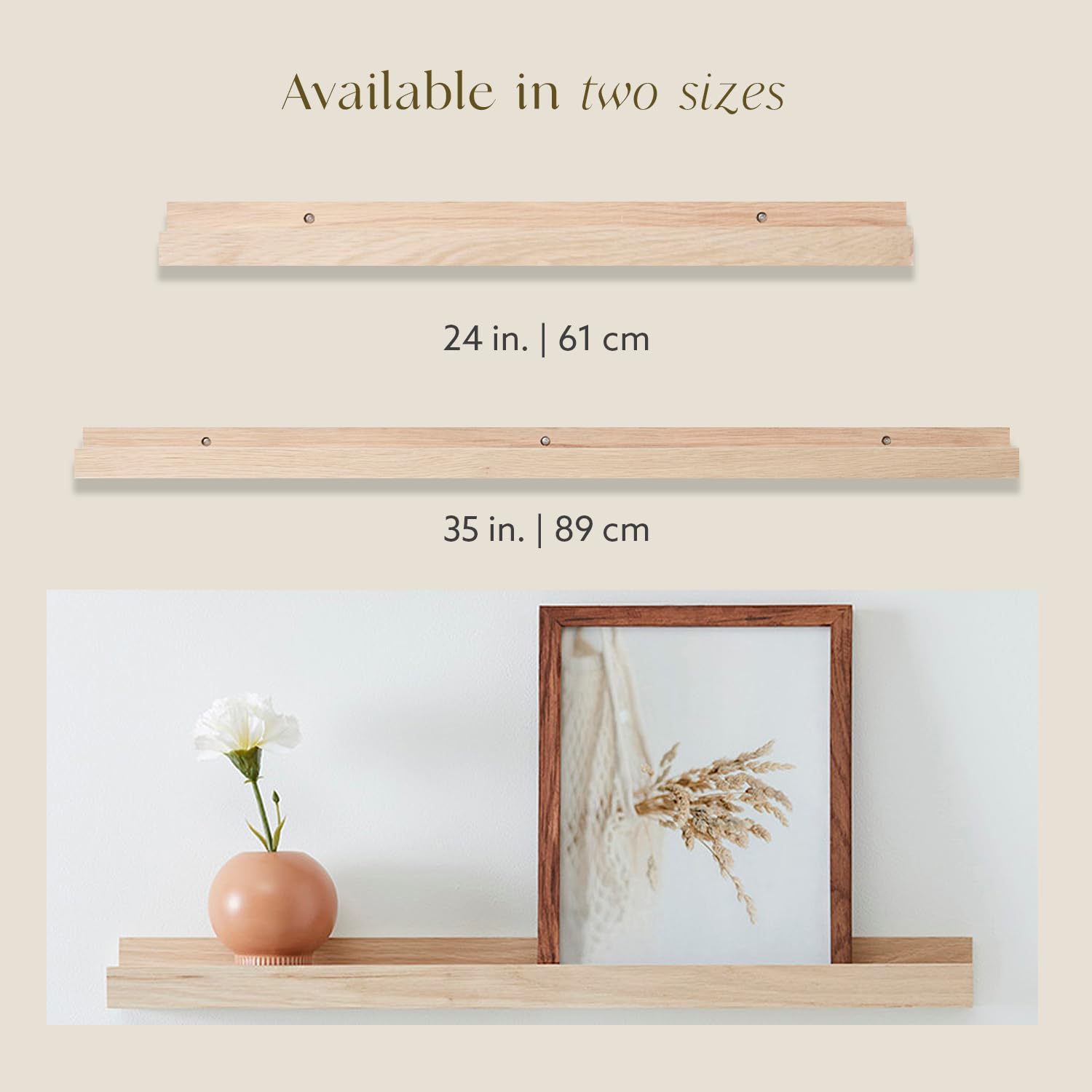 (24 in | 61 cm) Natural Oak Wood Wall Mounted Floating Picture Ledge Shelf | Ideal for Bedroom, Kitchen, Bathroom, Office, Easy Installation, Mounting Hardware Included