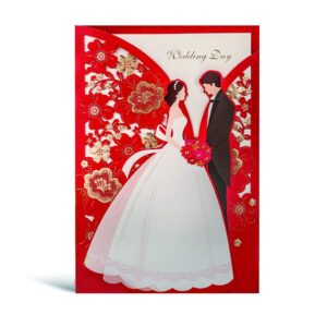 hosmsua 5x7.3 inch 50pcs blank red laser cut wedding invitations cards with bride & groom gold flower pocket for engagement wedding invite