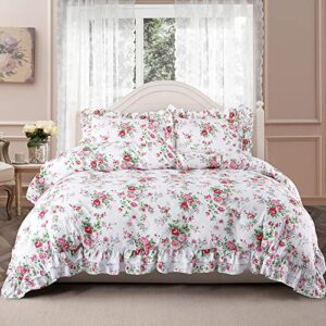 zjzc art ruffle duvet cover set queen, 100% cotton pink rose floral duvet cover cottage french countryside vintage shabby and chic 3 pieces with pillow shams (rose, queen)