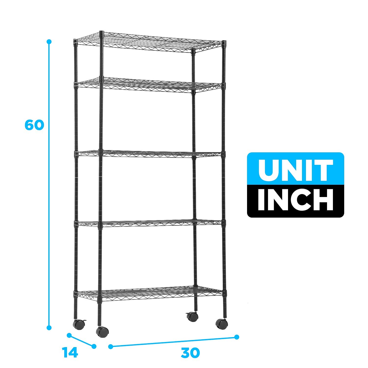 FDW 30" L×14" W×60" H Wire Shelving Unit Metal Shelf with 5 Tier Casters Adjustable Layer Rack Strong Steel for Restaurant Garage Pantry Kitchen Garage，Black