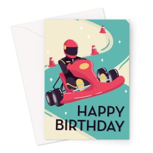 happy birthday go karting greeting card | driver in go kart on a track happy birthday card, hobby birthday card for go kart driver