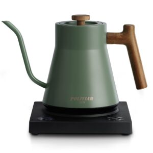 poliviar electric gooseneck kettle, 1200w electric tea kettle real wood handle, 34oz pour over electric kettle for coffee & tea, 18/8 stainless steel inner, temperature control & rapid heating