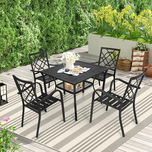 SUNCROWN 5-Piece Outdoor Wrought Iron Chairs and Table Patio Dining Furniture Set - 4 Stackable Metal Chairs, 1 Steel Slat Bistro Table for Garden Backyard Deck