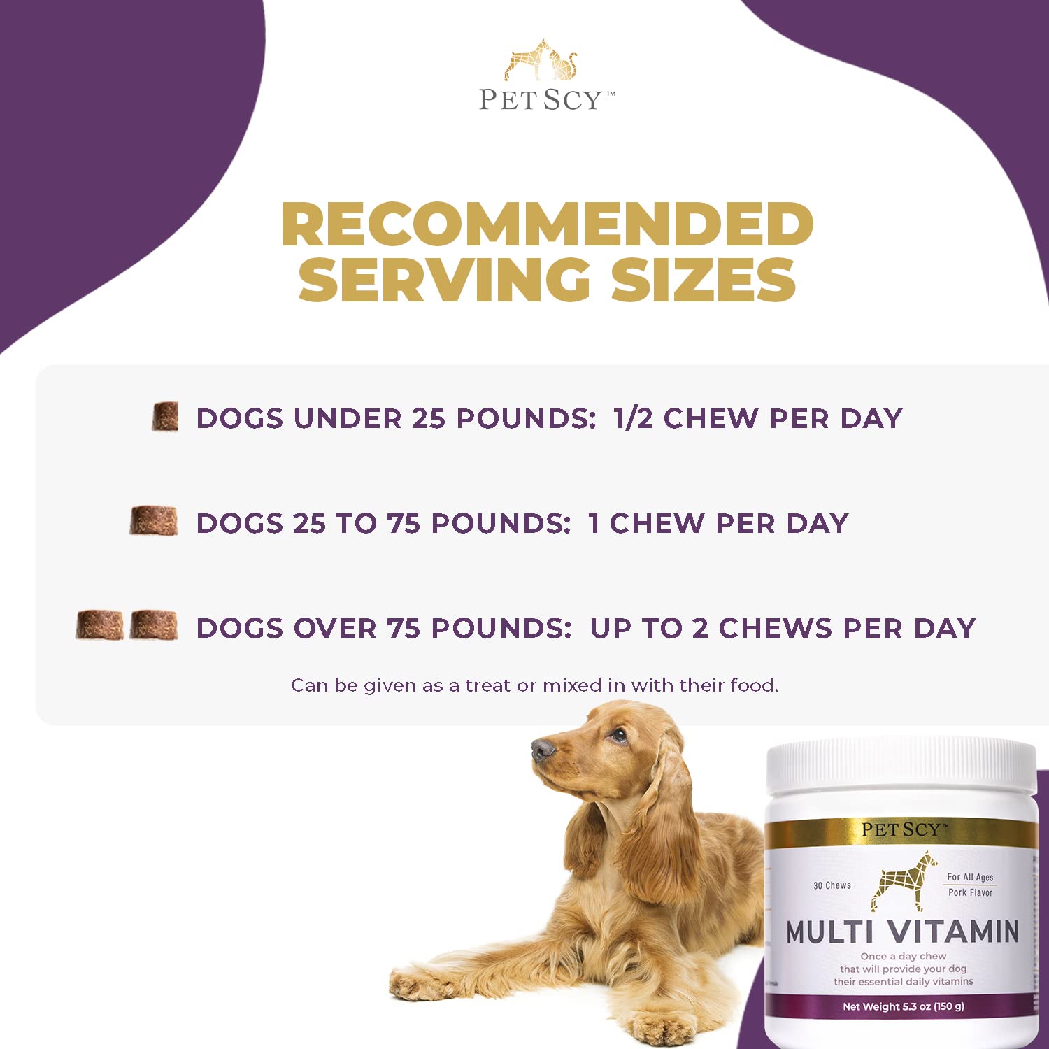 PetScy – Multi-Vitamin Chews, Dog Vitamins Multivitamin Treats, Multivitamin for Dogs of All Ages, Breeds & Sizes, Chewable Dog Vitamins with Omega 3 and Zinc, Pork Flavor, 30 Chews