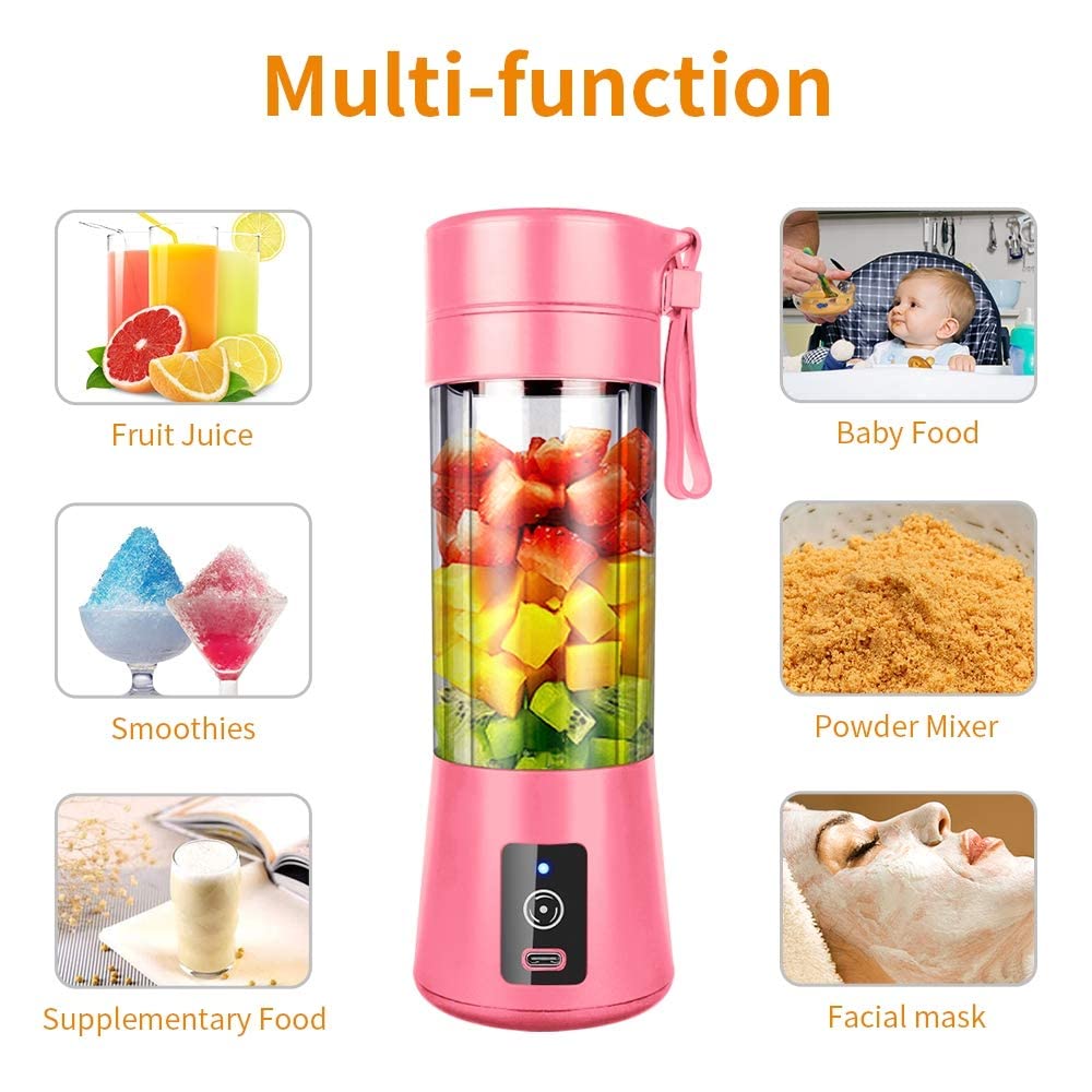 Portable Blender, YKSINX Smoothie Juicer Cup, Personal Mini Blender Shakes and Smoothies 13oz 2000mAh Rechargeable Home Travel Handheld Fruit Juicer (Pink)