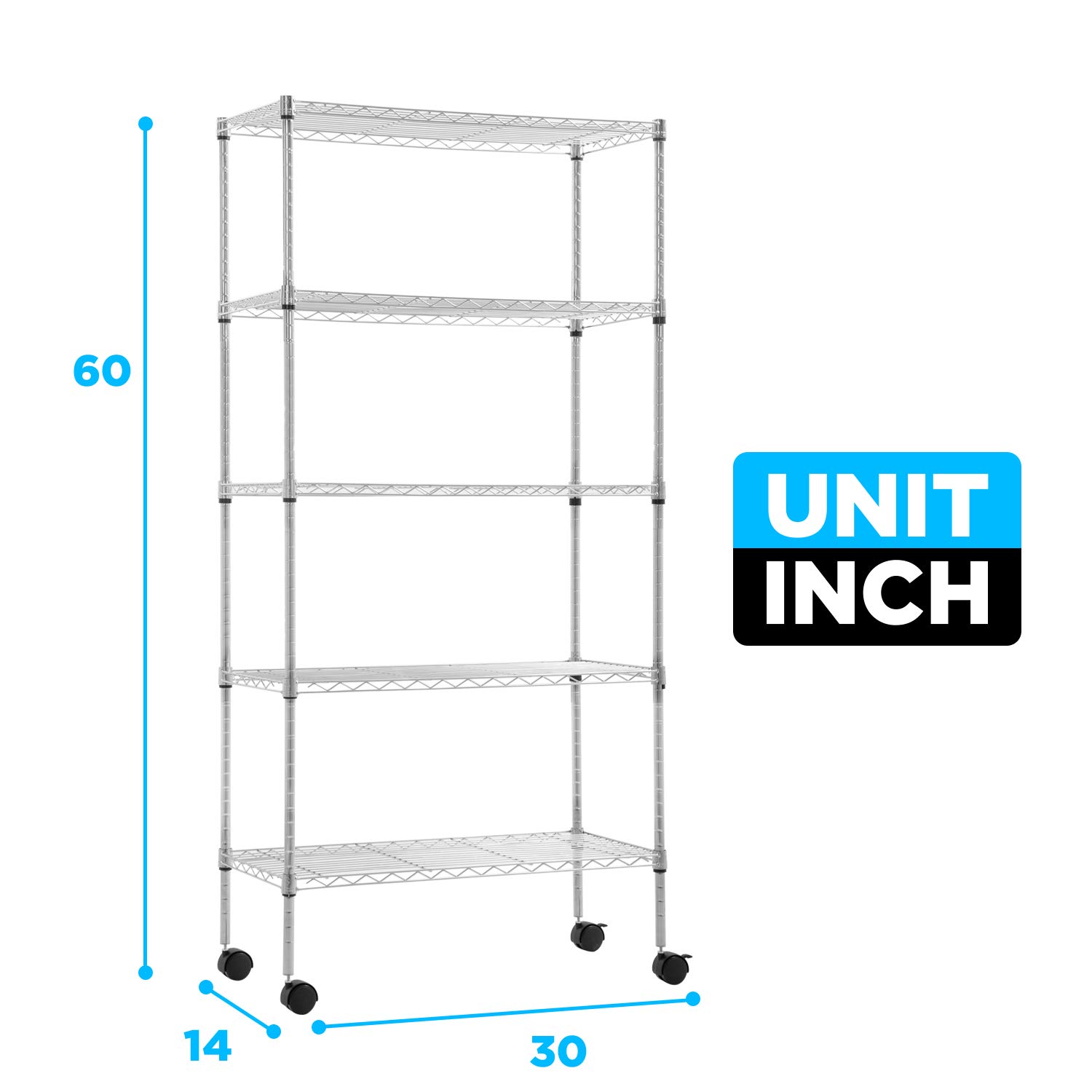 FDW 30" L×14" W×60" H Wire Shelving Unit Commercial Metal Shelf with 5 Tier Casters Adjustable Layer Rack Strong Steel for Restaurant Garage Pantry Kitchen Garage，Chrome