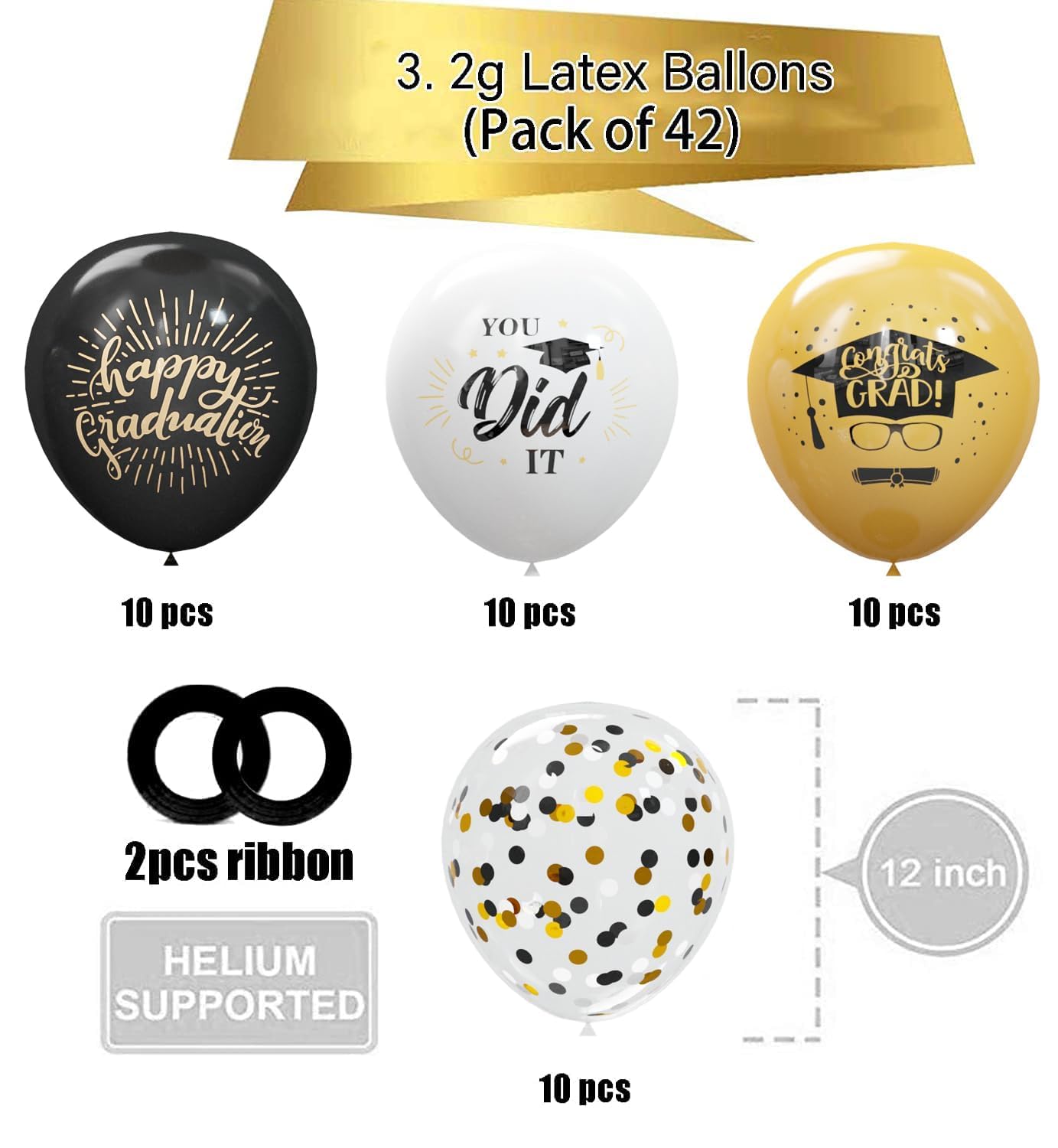 75 Pack Graduation Party Decorations Balloons Set - 12 Inch Black Gold Graduation Balloons with Balloon Ribbons for Graduation Party Decoration Supplies