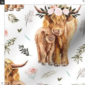 Spoonflower Fabric - Pink Spring Highland Cow Floral Calf Scottish Printed on Petal Signature Cotton Fabric Fat Quarter - Sewing Quilting Apparel Crafts Decor