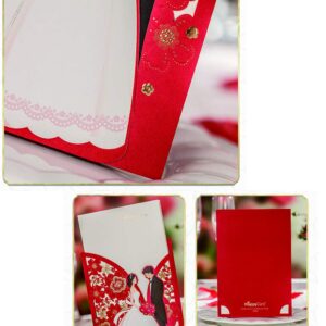 Hosmsua 5x7.3 Inch 50PCS Blank Red Laser Cut Wedding Invitations Cards with Bride & Groom Gold Flower Pocket for Engagement Wedding Invite