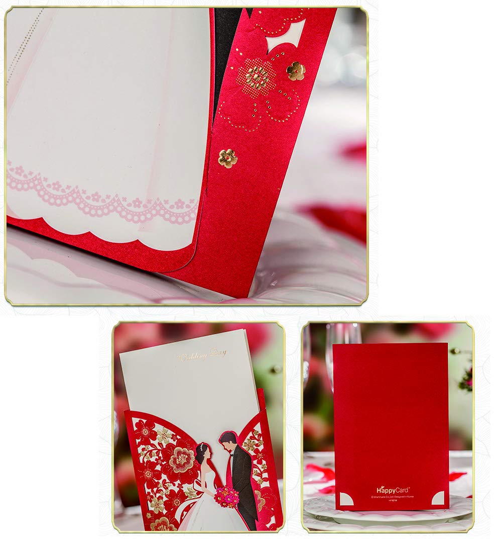 Hosmsua 5x7.3 Inch 50PCS Blank Red Laser Cut Wedding Invitations Cards with Bride & Groom Gold Flower Pocket for Engagement Wedding Invite