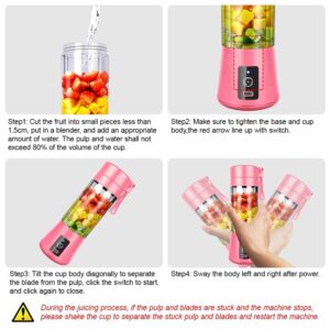 Portable Blender, YKSINX Smoothie Juicer Cup, Personal Mini Blender Shakes and Smoothies 13oz 2000mAh Rechargeable Home Travel Handheld Fruit Juicer (Pink)