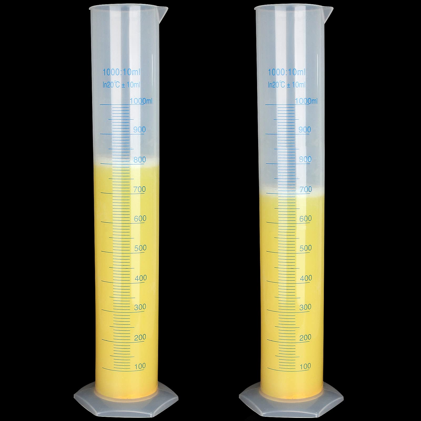 2Pack 1000ml Plastic Graduated Cylinder, 2-Sided Marking Lab Cylinders Clear Science Measuring Cylinder, Test Tube Flask for Home and School Science, Pour Spout